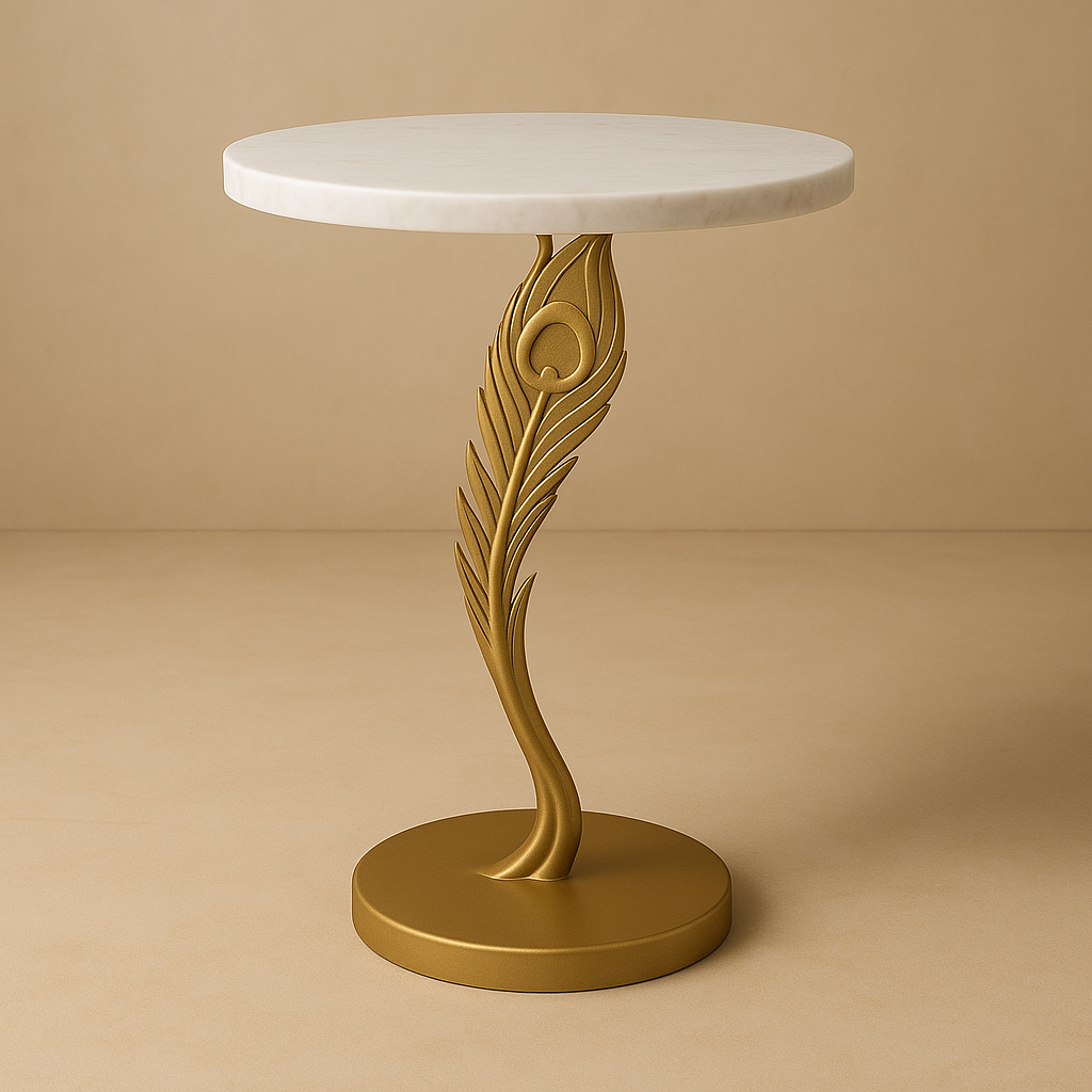 Peacock Plume Pedestal Table (15” Marble Top) – Krishna’s Crown Feathe ...